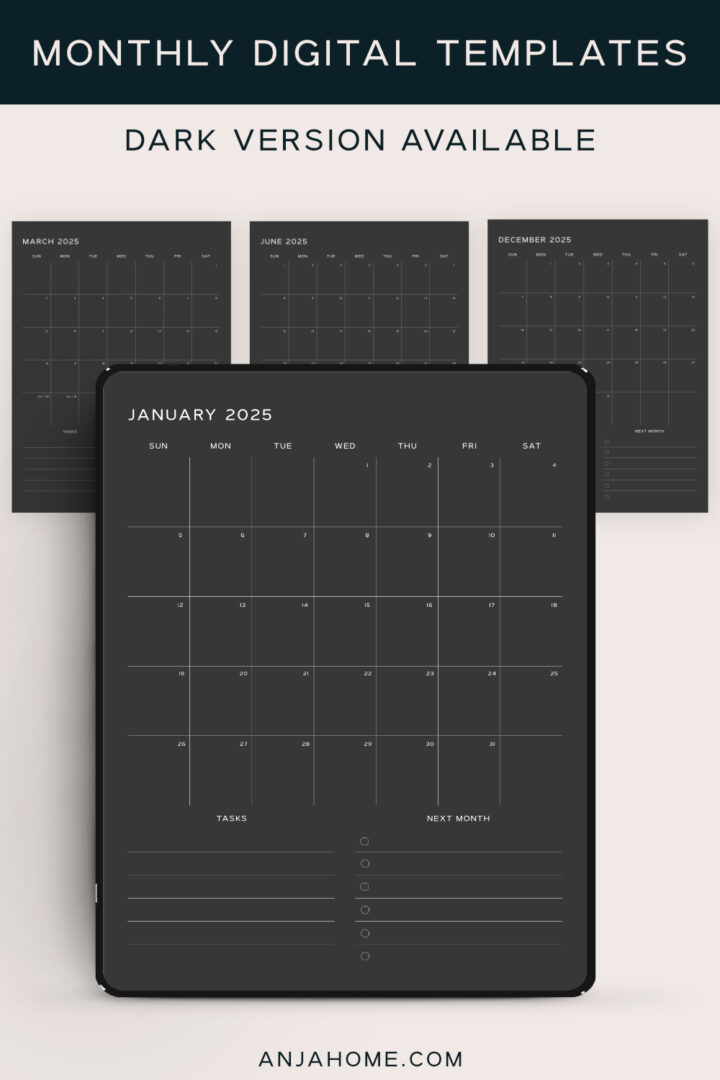 Monthly Calendar Digital Template 2025 - AnjaHome