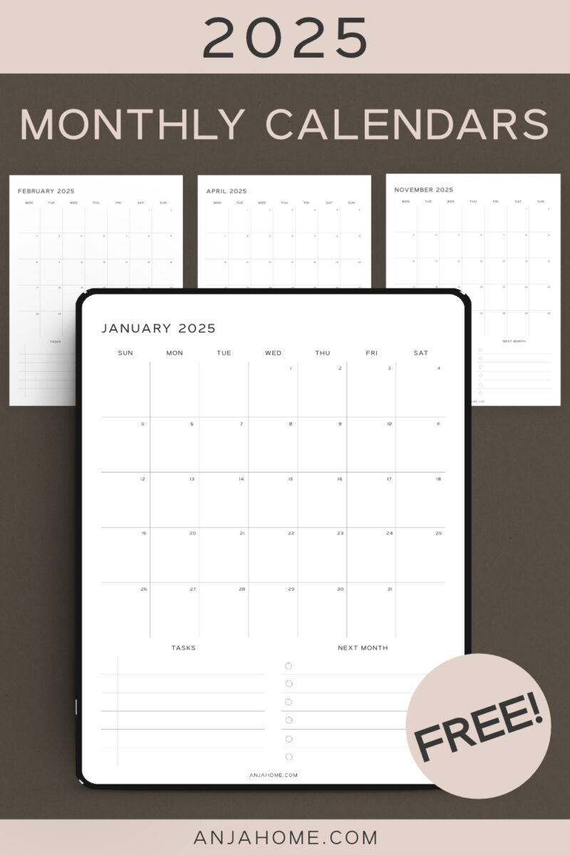 Monthly Calendar Digital Template 2025 - AnjaHome